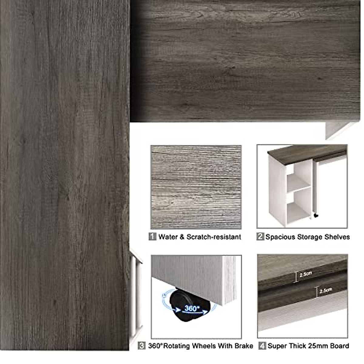 DOSLEEPS L Shaped Desk with Storage 360° Rotating Computer Desk, Modern Wood Entryway Console Table, Home Office Desk,Grey & White.