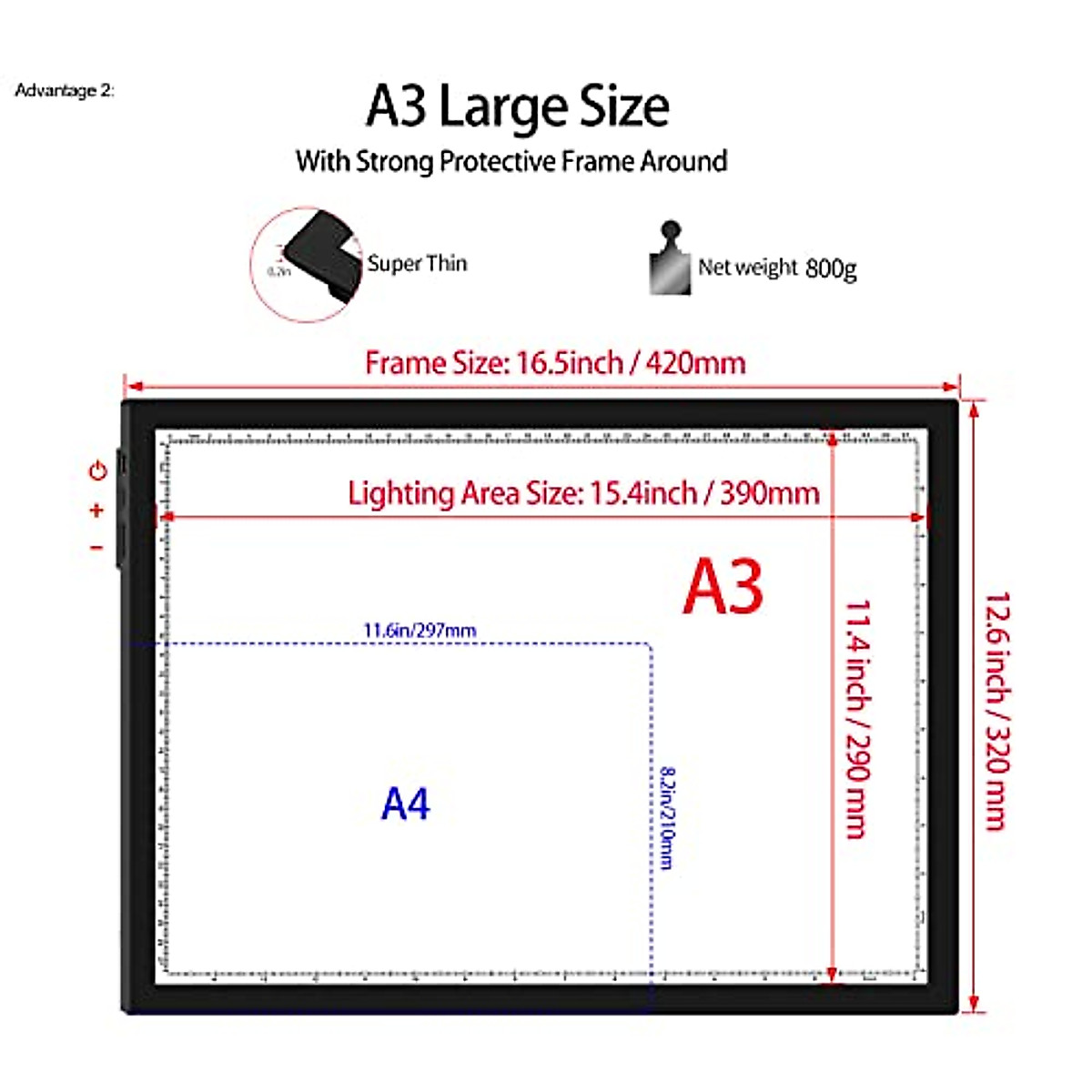 Light Board A3, 16.6×12.6inchs Light Pad, Side Button Design, 9 Levels/Stepless Dimming, Super Bright Light Box Widely for Tracing, Drawing, Weeding Vinyl, Diamond Painting etc