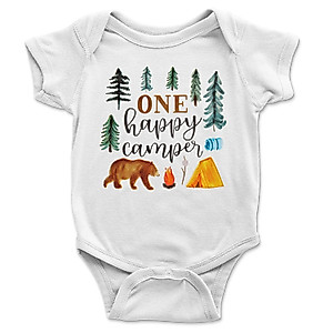 Brain Juice Tees One Happy Camper 1st Birthday Camping Outdoor Themed Onesie® for Girls and Boys - Smash Cake Outfit (12 Month) White
