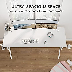 DESIGNA White Gaming Desk 63 inch, Large Gaming Tables Gamer Pc Workstation K Shaped Game Station with Free Mouse Pad, Gaming Handle Rack, Cup Holder and Headphone Hook, Carbon Fibre Surface
