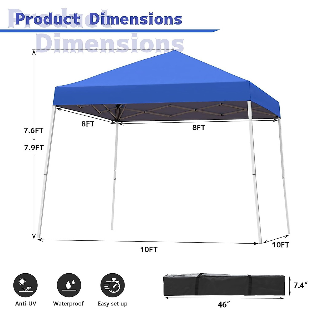 Oneofics Canopy Tent, 10X10 FT Pop Up Canopy Outdoor Instant Tent Slant Legs with Carrying Bag, Portable Gazebo Shelter for Patio Deck Garden and Beach - 8X8 FT Canopy Cover (Blue)