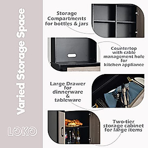 LOKO Kitchen Pantry Storage Cabinet, Compact Kitchen Cabinet with Hutch, Pantry Cabinet with Doors and Shelves, Kitchen Storage Cabinet with Microwave Stand & Drawers, 24 x 16 x 71 inches (Black)