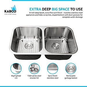 KABCO 32 Inch Swirl Finish Stainless Steel Classic Kitchen Sink, Sound and Heat Proof Double Equal Bowl Undermount Sink with Kitchen Sink Strainers, Removable Garbage Baskets and Sink Grids