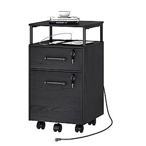 Oqefuoe File Cabinet with Lock and Charging Station, 2 Drawer File Cabinet with Storage Shelf Filing Cabinet Printer Stand for A4/Letter Size Hanging File Folders, Black