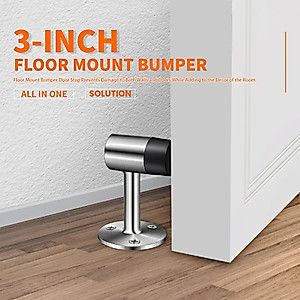 TPOHH 3 Inch Height Zinc Alloy Floor Mount Bumper, Gooseneck Door Stop with Rubber Bumper – Protects Walls from Door Knob Damage