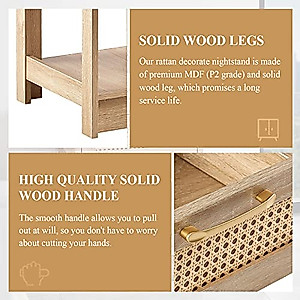 LETESA Rattan Nightstands Set of 2, with Rattan Decor Drawer and Open Shelf, Bed Side Tables with Solid Wood Feet, End Table, Night Stands, for Bedroom, Living Room (2, Natural-Square)