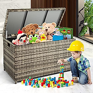 COSVALVE 130 Gallon Deck Box, Wicker Rattan Outdoor Storage Box, Patio Garden Furniture Container with Waterproof Cover for Outdoor Cushions & Pillows, Pool Toys, Garden Tools, Sports Equipment Supplies (Grey)