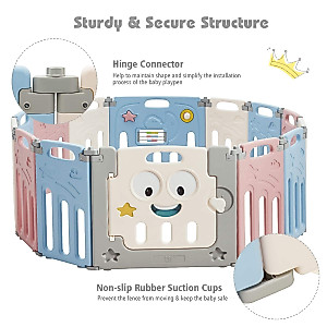 HONEY JOY Baby Play Yards, 14 Panel Foldable Baby Playpen, Anti-Slip Base & Lockable Safety Gate, Indoor Large Baby Fence Play Area for Babies and Toddlers (Multicolor, 14 Panel)