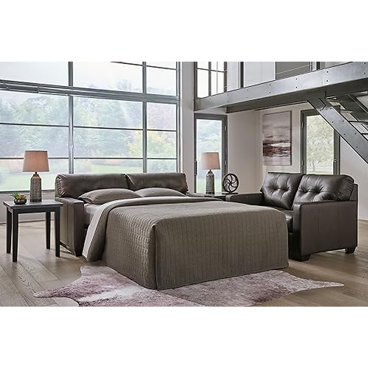 Signature Design by Ashley Belziani Modern 2-in-1 Tufted Leather Match Sofa Sleeper with Folding Gel Memory Foam Mattress, Full, Black