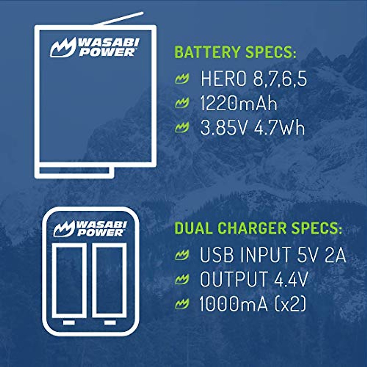 Wasabi Power HERO8 Battery (2-Pack) and Dual Charger for GoPro Hero 8 Black (All Features Available), Hero 7 Black, Hero 6 Black, Hero 5 Black, Hero 2018, Fully Compatible with Original