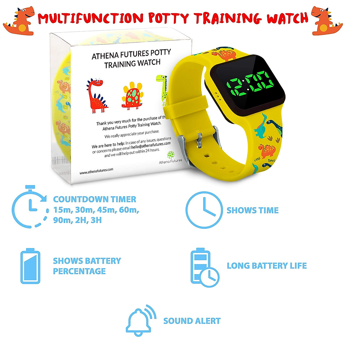 ATHENA FUTURES Potty Training Count Down Timer Watch with Lights and Music - Rechargeable, Dinosaur Yellow Band and Potty Training Chart for Toddlers - Fun Animal Design - Rewards - Sticker Chart