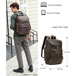 LANNSYNE Retro Distressed Cowhide Leather Backpack for Men fits 16" Laptop Rucksack Travel Weekender Daypack