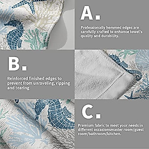 Blue Coral Hand Towels Set of 2 Sea Horse Decorative Bathroom Towels Super Soft Absorbent Towels for Yoga Gym Spa Kitchen 28x14 Inch