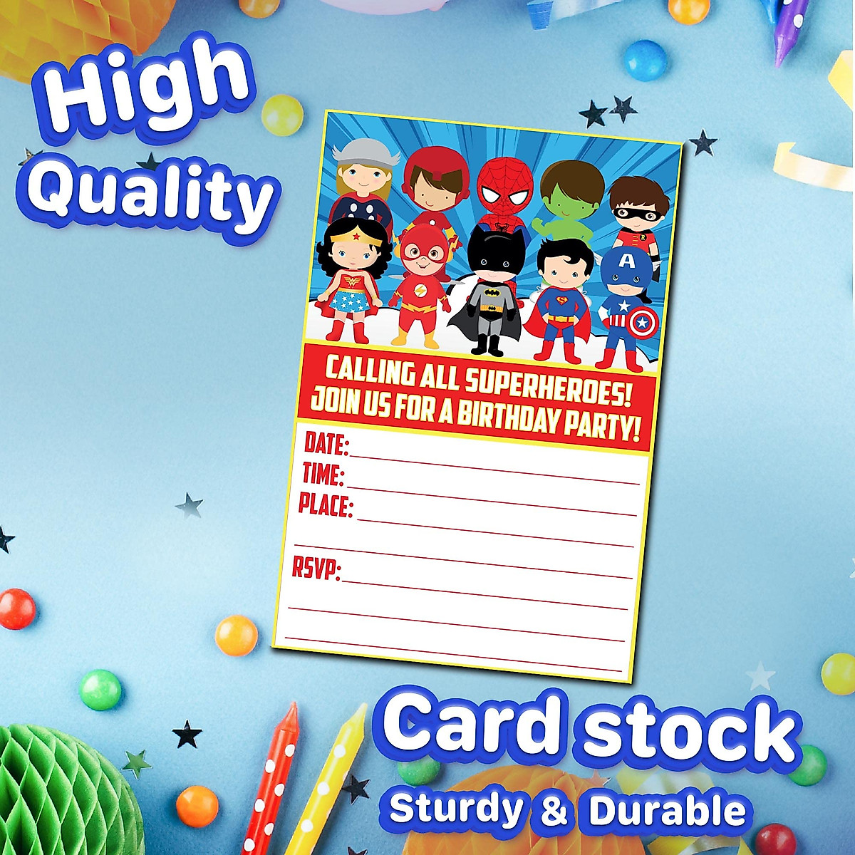 20x Super Hero Kids Birthday Invitations and Envelopes – Fill-in Happy Birthday Party Invitations for Kids, 6X4 Inches, Postcard Style