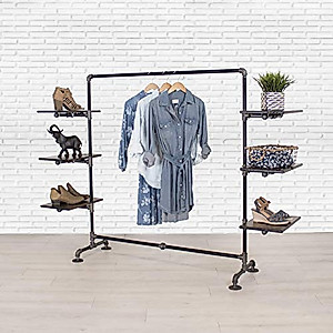 Industrial Pipe Clothing Rack with Wood Side Shelves by William Robert's Vintage