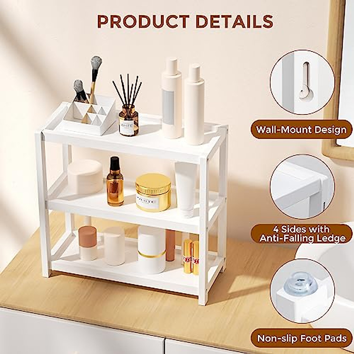 Bathroom Countertop Organizer - 3 Tier Bamboo Storage Shelf for Makeup, Skincare, Spices, Seasonings - Bathroom Vanity Accessories - Wall Mounted Floating Shelves - Over Toilet Shelving, Simply White