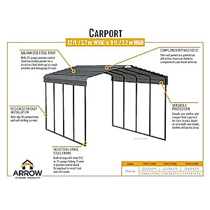 Arrow Carports Galvanized Steel Carport, Full-Size Metal Carport Kit, 12' x 20' x 9', Charcoal