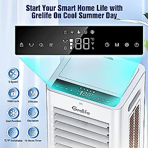 Grelife Evaporative Air Cooler, 3-IN-1 Portable Air Cooler with Fan &Humidifier, Oscillation Swamp Cooler with 3 Wind Speeds, 3 Modes, 4 Ice Packs, 12H Timer, Remote, for Bedroom Office Home Garage