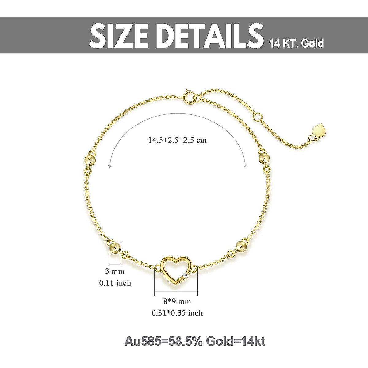 14K Solid Gold Moissanite Heart Bracelet for Women, Real Gold Love Heart Bracelets Jewelry Anniversary Christmas Gifts for Wife, Mom, 8 inch (Adjustable Length)