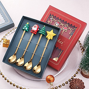 Christmas Spoon Stainless Steel Christmas Tree Tea Spoon for Home, Xmas Coffee Spoon Dinner Forks Dessert Spoon Stirring Spoon Ice Cream Spoon Creative Tableware Gift, Holiday Party Supply (6pcs-B)