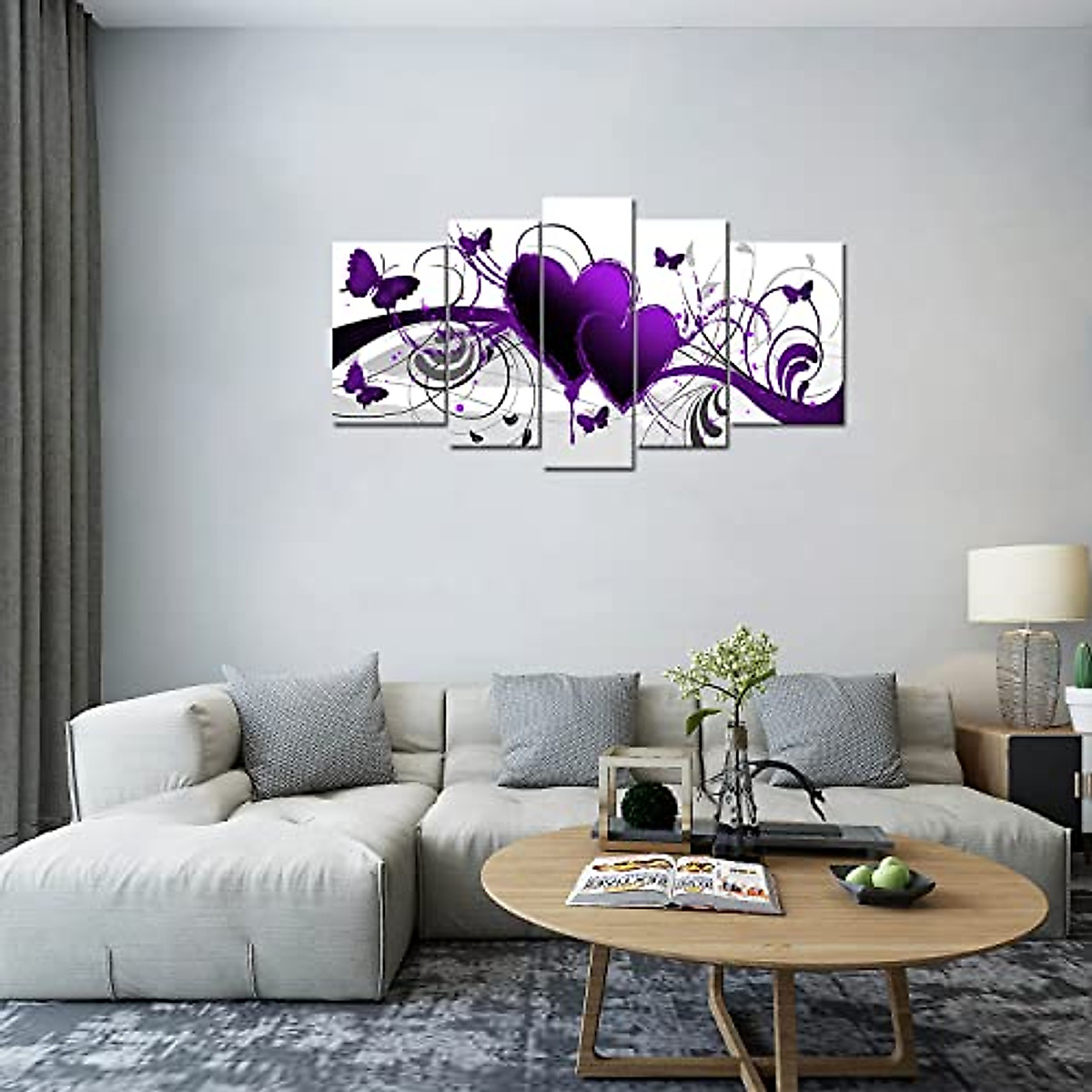 Yeawin Purple Love Butterfly Wall Art Purple Heart The Picture Print On Canvas 5 Panels Modern Abstract Artwork The Canvas for Home Living Dining Room Kitchen(Wrapped Canvas Wall Art,Ready to Hang)