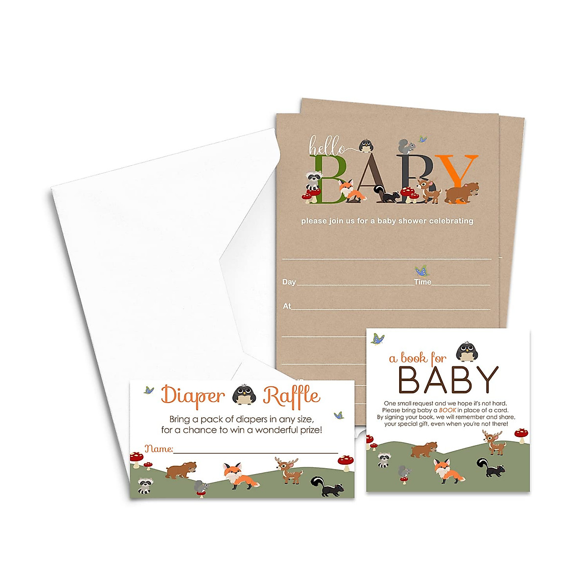 Paper Clever Party Woodland Invitation Kit for Baby Shower, Set Includes Blank Invites with Envelopes, Diaper Raffle Tickets and Bring a Book Cards, 25 of Each Design