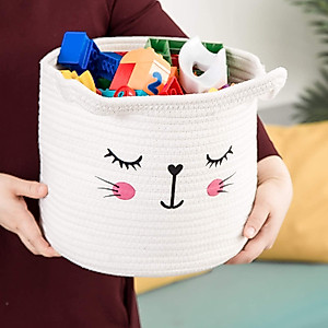 Bigepige Cat Decorative Baby Toy Storage Basket with Handle, Cotton Rope Blanket Basket for Cat Lovers Gift, Stuffed Animal Storage Bin, Cute Kids Laundry Nursery Hamper Organizer (White3, Medium)