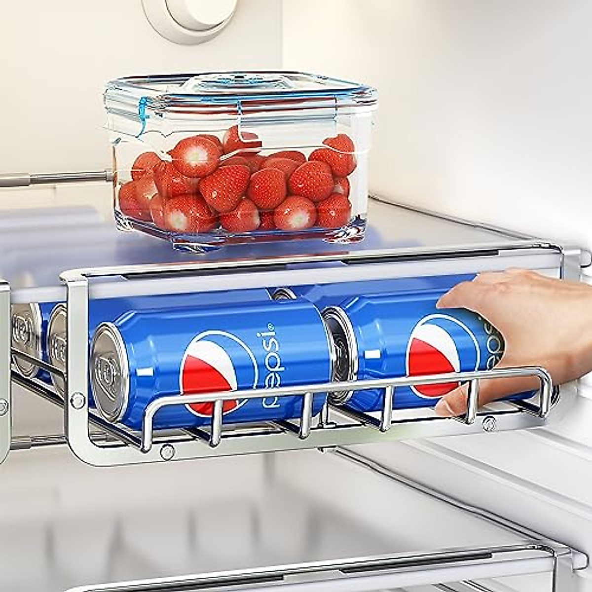 Soda Can Storage for Refrigerator, Hanging Soda Can Organizer Stainless Steel Soda Can Holder for Refrigerator Soda Can Dispenser for Fridge Can Drinks Rack Container with Adjustable Rail Design