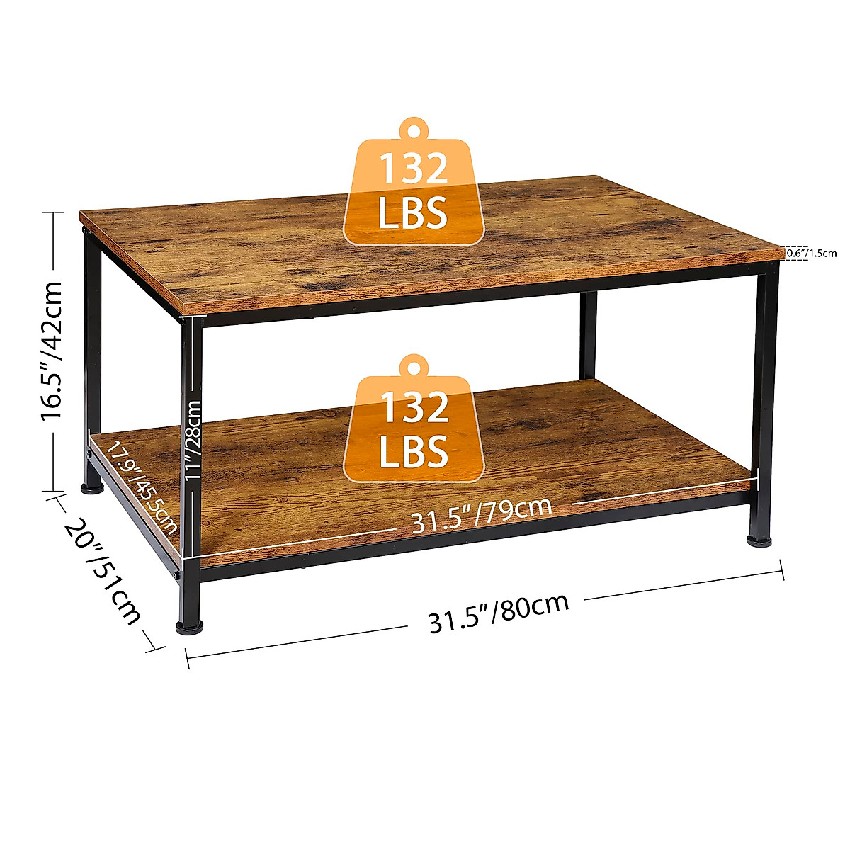 ZenStyle Industrial Coffee Table with Storage Shelf for Living Room, Wood Look Accent Furniture with Vintage Wooden Board Stable Metal Frame Cocktail Table 2-Tier Tea Table (Retro Brown)