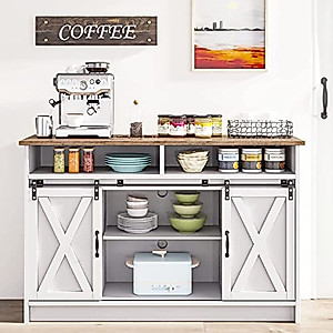 HOMBCK Coffee Bar Cabinet, Farmhouse Buffet Cabinet with Barn Door, White Coffee Bar Sideboard with Storage for Living Room, Dining Room, Hallway, Console Table, Accent Cabinet, White