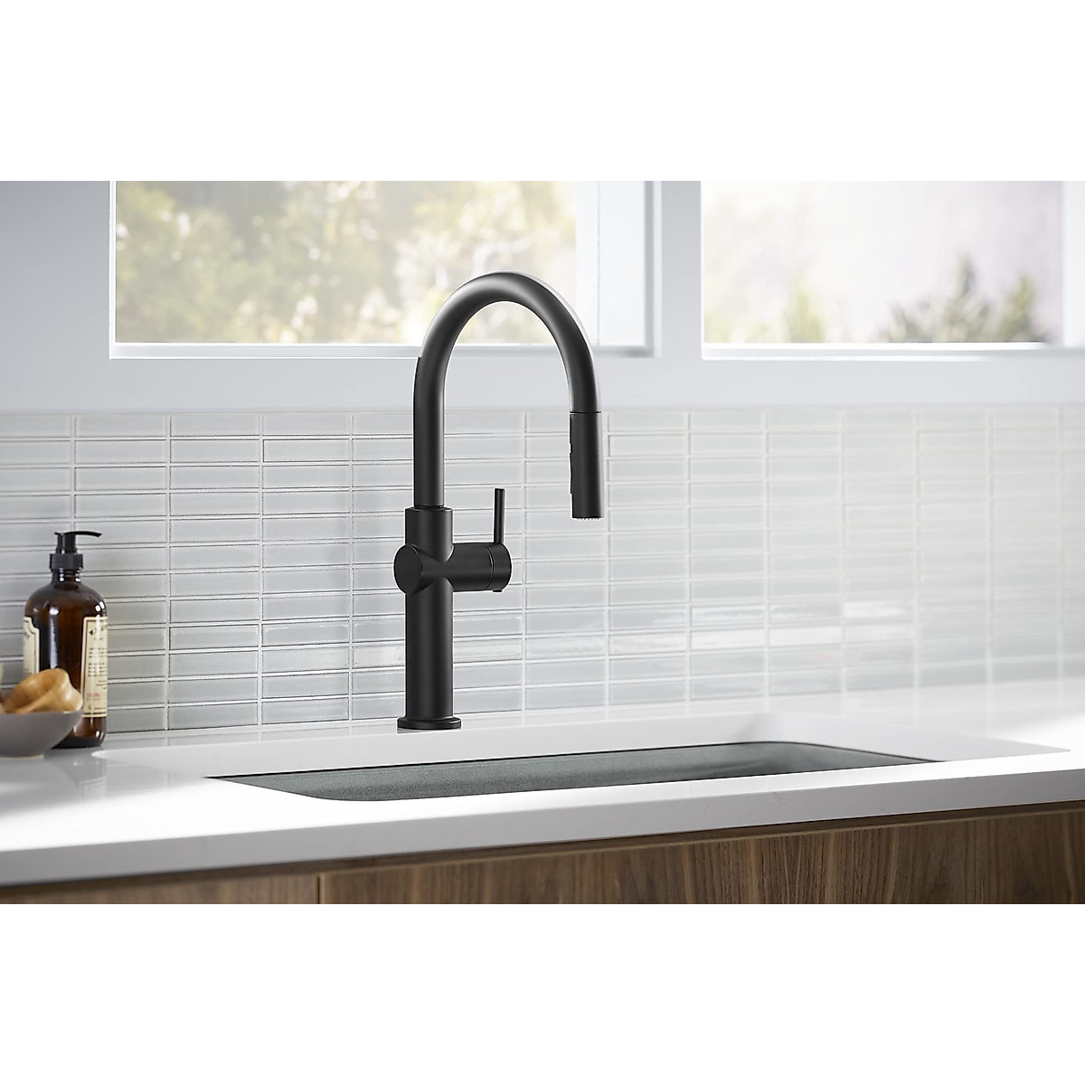 KOHLER 22972-BL Crue Pull Down Kitchen Faucet, Kitchen Sink Faucet with Pull-Down Sprayer, Pull-Down Kitchen Sink Faucet with Multi Function Spray Head, Matte Black