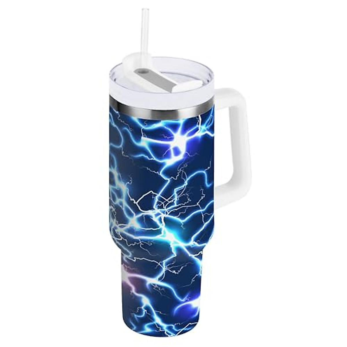 Exnundod 40 oz Tumbler with Handle Abstract Blue Lightning Insulated Stainless Steel Cup with Lid and Straw Travel Cup Leak-proof Fits in Car Cup Holder for Iced & Hot