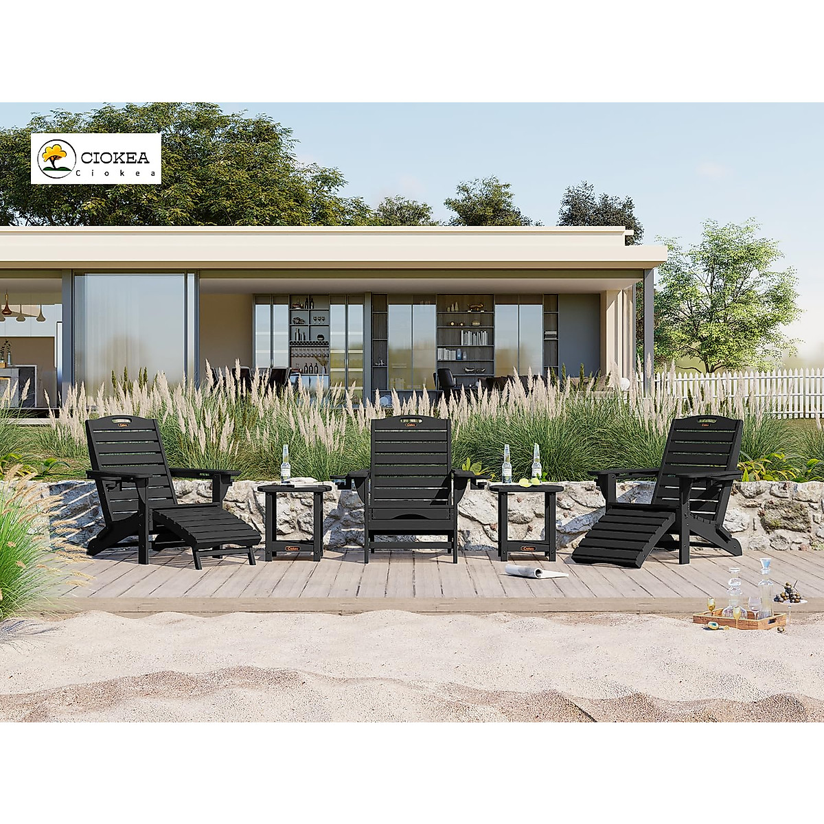 Ciokea Folding Adirondack Chair with Retractable Ottoman Fire Pit Patio Chair with Pull Out Foot Rest Weather Resistant Lawn Outdoor Lounge Chair with 2 Cup Holder (Black)