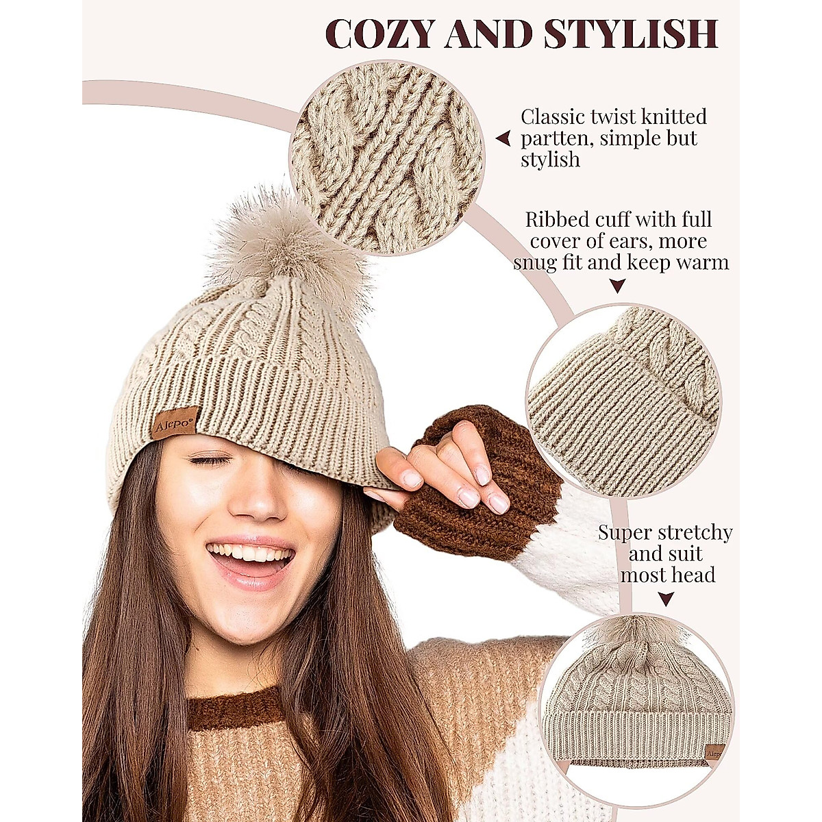 Alepo Womens Winter Beanie Hat, Warm Fleece Lined Knitted Soft Ski Cuff Cap with Pom Pom(Black+Oatmeal)