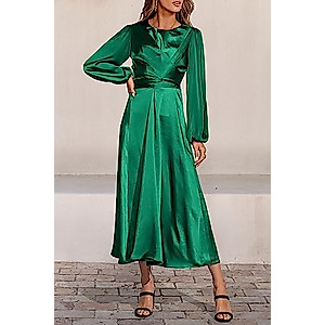 PRETTYGARDEN Women's Fall Fashion 2023 Long Sleeve Satin Dress Tie Back Casual Flowy Midi Dresses (Dark Green,Medium)