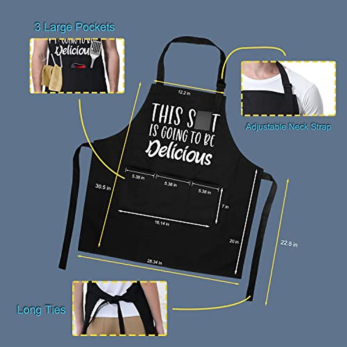 Miracu Funny Aprons for Men, Cooking Aprons for Women, Dad Apron, Fathers Day Apron Gifts for Husband, Boyfriend - Birthday Chef Gifts for Men, Fun BBQ Baking Grilling Kitchen Apron, Chef Grill Apron