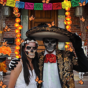 Day of The Dead Decorations Kit,9 Mexican Banners Papel Picado,9.8ft 20Led Marigold Garland,20 Marigold Flowers with Stem,12PCS Butterfly,Dia de Los Muertos Decorations for Halloween Indian Party