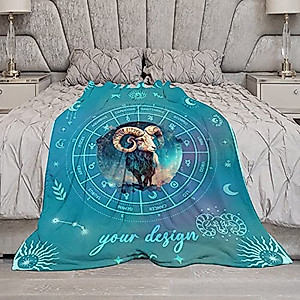 Custom Aries Blanket Gifts, 40"x30" Rectangular Flannel Zodiac Throw Blanket Cozy, Personalized Blankets Gift for Boys Girls Teen Women Men Tarot Cards Lovers Birthday Anniversary Festival