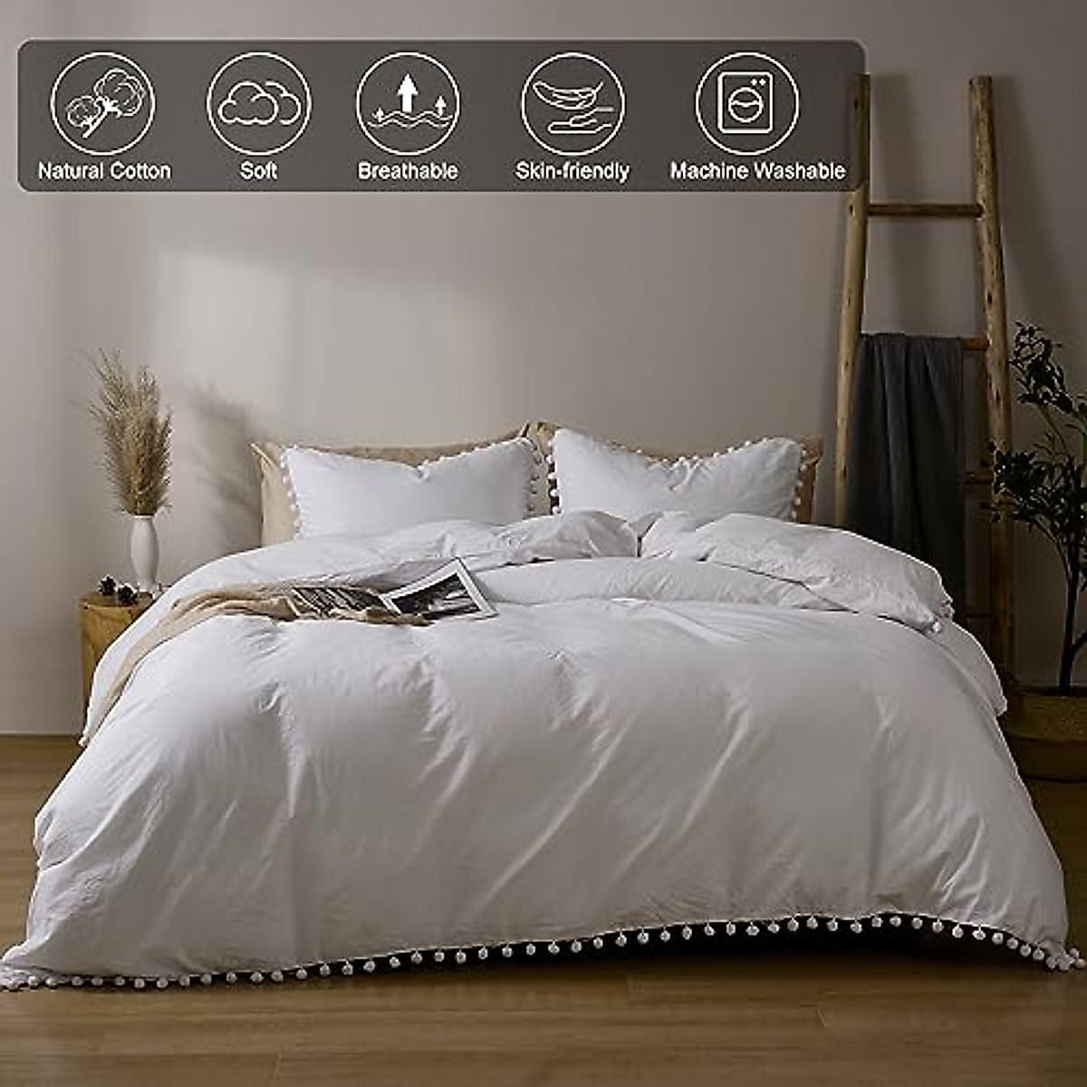 PHF 100% Washed Cotton Duvet Cover Queen Size, Ultra Soft Cotton Pom Pom Linen Like Duvet Cover Set, 3pcs Breathable Durable Duvet Cover with Pillowcases for All Seasons, 90"x90", White