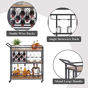 FATORRI Bar Cart for The Home, Industrial Rolling Wine Cart and Liquor Serving Carts on Wheels, Rustic Beverage Cart and Drink Trolley with Wine Rack and Glasses Holder (Rustic Oak)