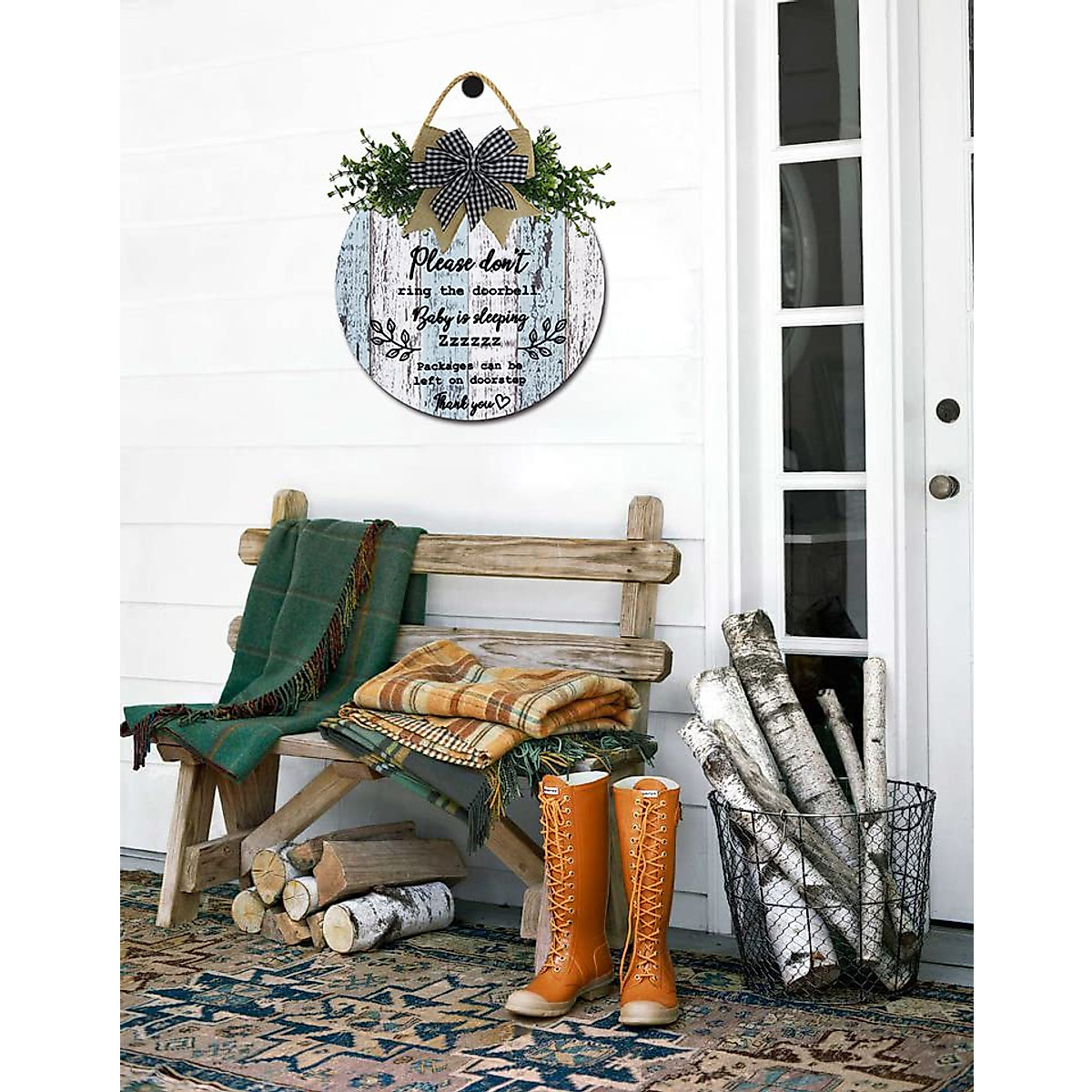 Sokomurg Baby Sleeping Sign for Front Door 11Inch Please Don't Ring The Doorbell Baby Is Sleeping Packages Can Be Left On Doorstep Thank You Round Wooden Door Hanger for Baby Room Nursery Front Door Door Knob Decor