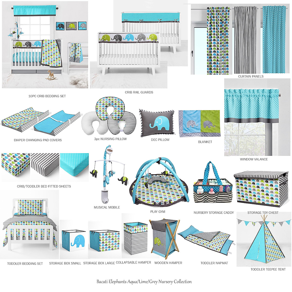 Bacati - Toy Chest Playful Elephants Aqua/Lime/Grey