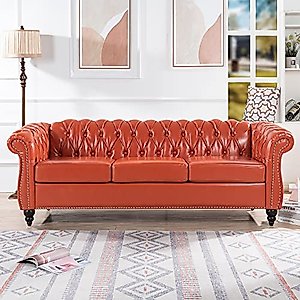 GEEVIVO 84.65" Large Sofa, Mid-Century PU Leather Sofa Modern Tufted Upholstered Futon Sofa Couch with Removable Cushion 3 Seater Scroll Arm Sleeper Sofa for Living Room/Bedroom/Apartment(Orange)