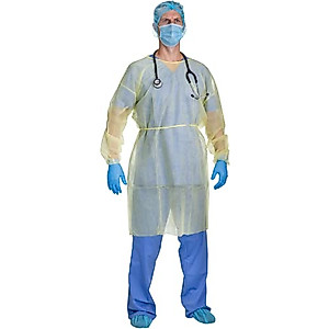 Disposable Isolation Gown | Yellow | One Size Fits All | Fluid Resistant Protective Gowns (10 Pack)