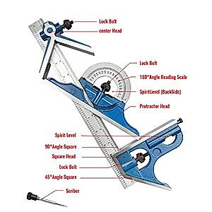 NTSUMI 12 Inch 4 Combination Square Ruler Set Protractor Satin, 4-R Graduation, Blue