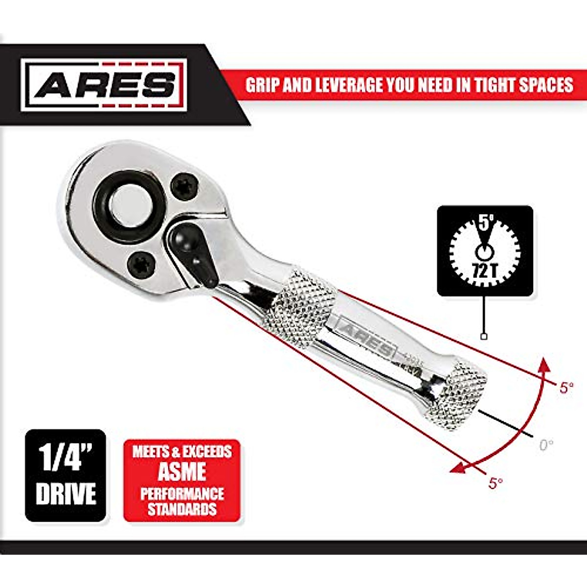 ARES 42035-1/4-Inch Drive 72-Tooth Stubby Ratchet - Chrome Vanadium Steel Construction and Mirror Polish Finish - 3.35-Inch Length - Quick Release Reversible Head