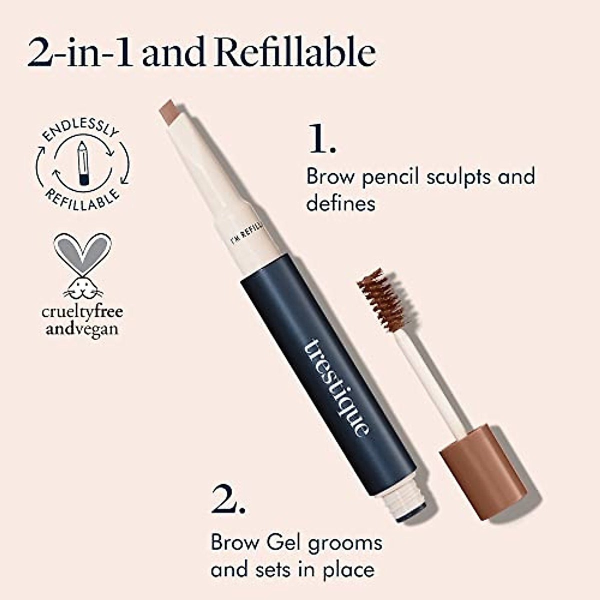 trestique Brow Pencil And Gel, Refillable Eye Brow Pencil With Built-In Brow Gel, Clean Beauty Eyebrow Pencil And Brow Gel, Sustainable 2-In-1 Brow Pencil And Brow Gel