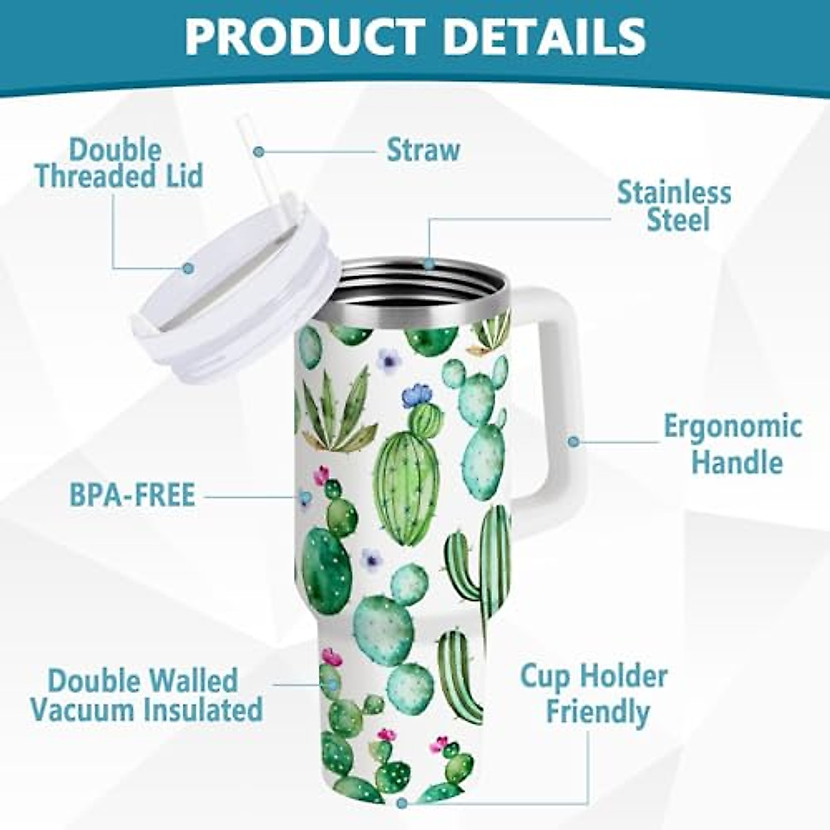 MCHIVER Cactus Succulent Floral 30 oz Tumbler with Handle and Straw Stainless Steel Vacuum Water Bottle Leak-proof Travel Coffee Mug Insulated Tumbler for Home Car Office