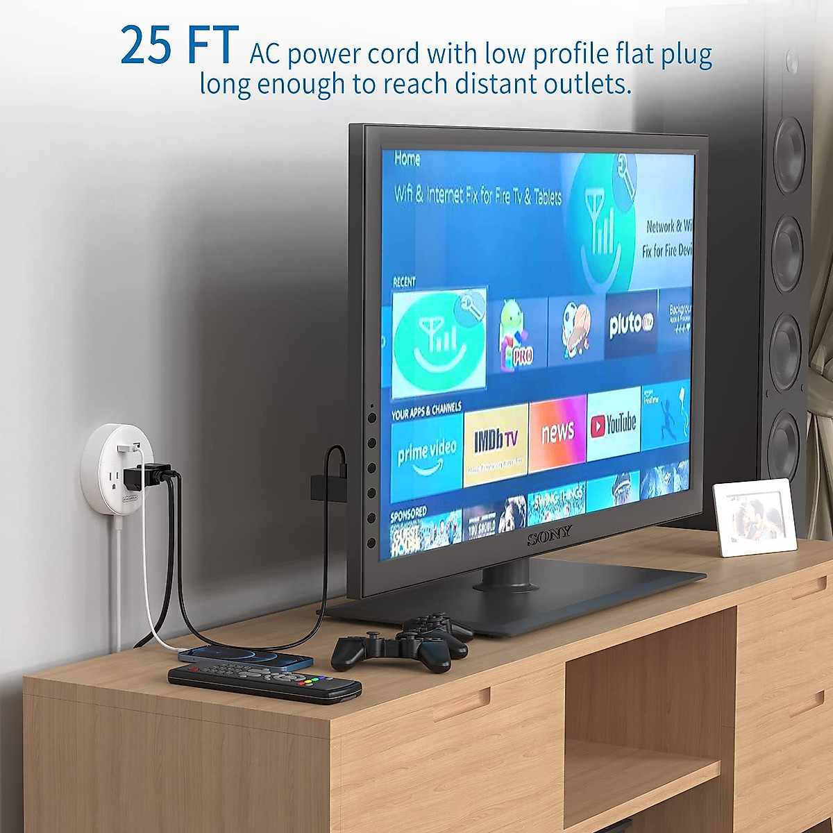 NTONPOWER Flat Plug Power Strip Bundle, 2 Outlets 3 USB Compact Power Strip with 25ft and 15 ft Extra Long Extension Cord, Right Angle Plug for Office, Home, Nightstand, Dorm Essentials…