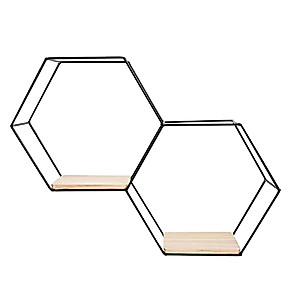 UKCOCO Home Décor Wall Mounted Hexagonal Floating Shelves, Black Metal Wire Dual Hexagon Wall Shelves for Home, Kitchen, Office Botanical Decor